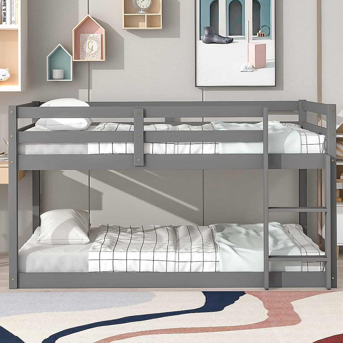 Bunk Beds Twin Over Twin, Wood Kids Low Bunk Bed with Guard Rails, Ladder for Young Children Boys Girls Dormitory Bedroom, No Box Spring Needed (Grey)