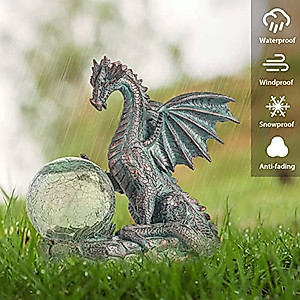 TERESA'S COLLECTIONS Garden Sculptures & Statues, Solar Dragon Outdoor Statues Figurines, Resin Bronze Gothic Decor Lawn Ornaments for Patio Table Deck Balcony Yard Decorations, 8.9 Inch