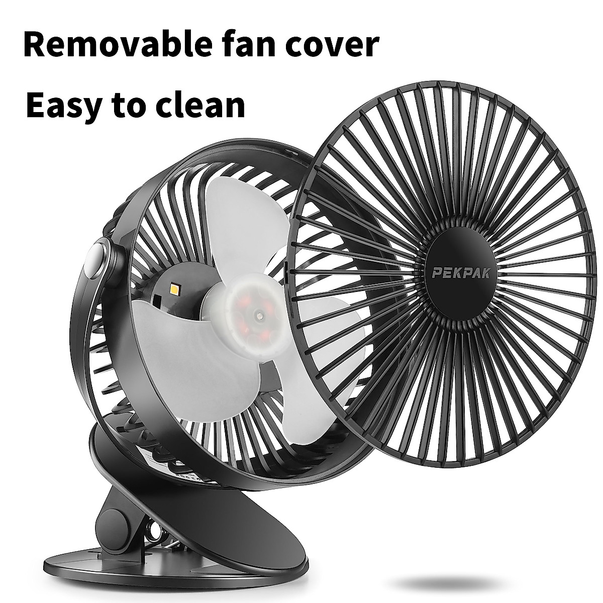 Clip on Fan,7 Inch 5000mAh Battery Operated Fan,Rechargeable Personal Fan,3 in 1 Desk Portable Usb Fan,LED Light,3 Speeds,720°Rotation for Travel/Stroller/Bed/Office/Camping/Dorm/Bedroom(Black)