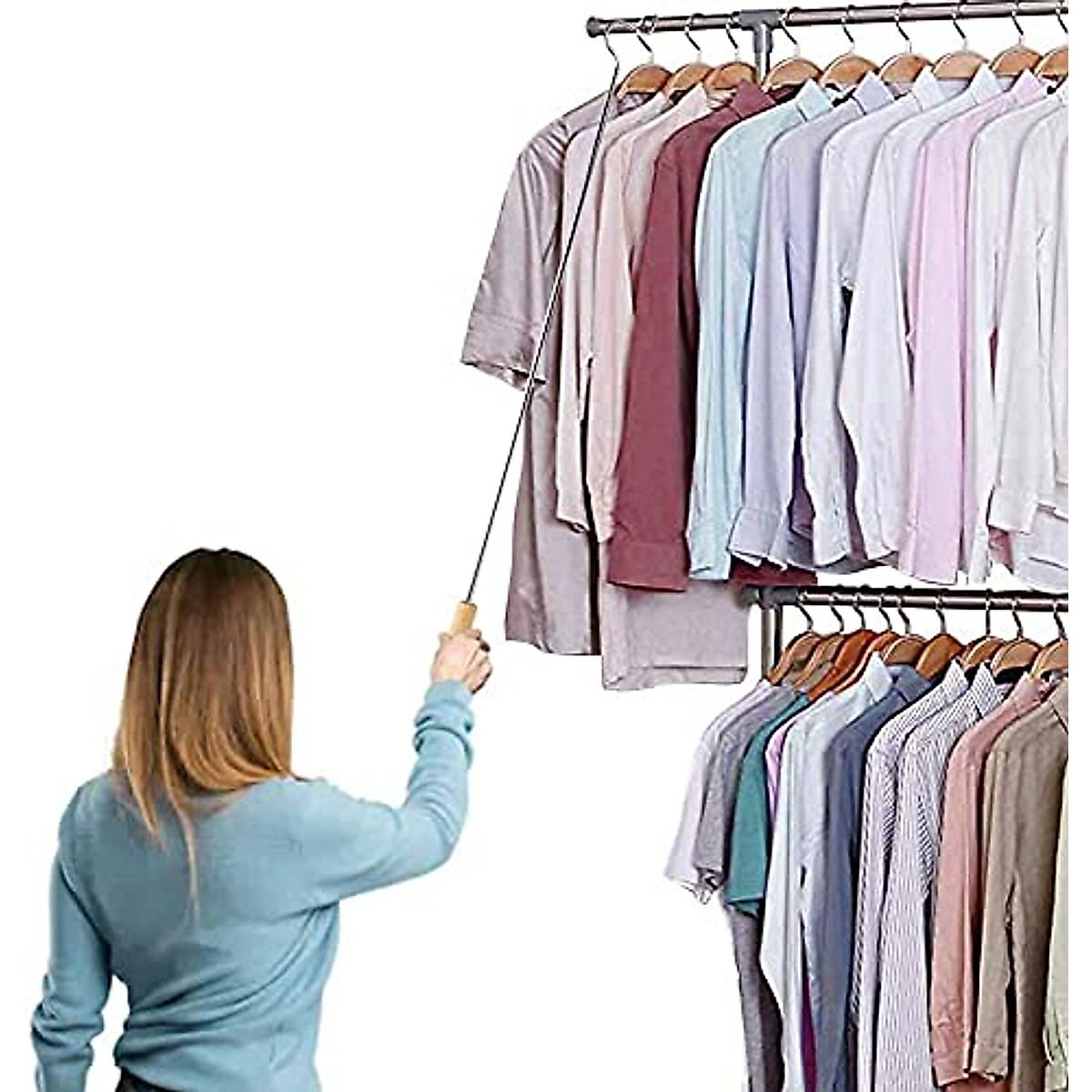 Closet Reacher Pole with Hook and Wooden Handle, Heavy Duty - Adjustable 2.75 – 5 Feet, Chrome Plated Steel Clothing Hanger Shepherds Hook to Easily Reach Clothes etc. - Perfect for College Dorm