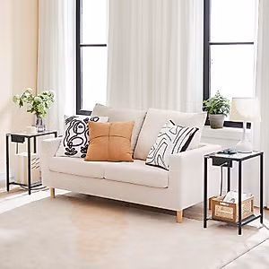 MAHANCRIS End Table with Charging Station and Side Tables with Charging Station bundle，Narrow Side Table for Small Spaces，2-Tier Nightstand with Tempered Glass Top，for Bedroom，Living Room ETWT18E01Z-E