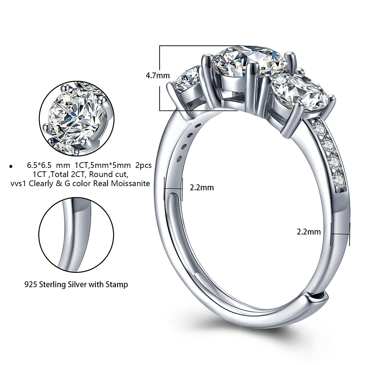 Atylyk 2 Carat 3 Stones Moissanite Adjustable Engagement Ring Wedding Promise Gold-plating 925 Sterling Silver Rings for Women