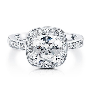 BERRICLE Sterling Silver Halo Wedding Engagement Rings Cushion Cut Cubic Zirconia CZ Ring for Women, Rhodium Plated Size 8