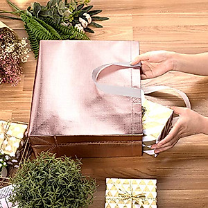 Whaline Set of 12 Reusable Rose Gold Gift Bags Glossy Glitter Tote Bag with Handles Large Size Stylish Party Holidays Favor Bags for Wedding Birthday Party Valentines Mother's Day Christmas