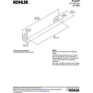 KOHLER 11892-S Purist 18" Grab Bar for Bathtubs and Showers, Wall-Mount Grab Bars for Bathroom, Polished Stainless