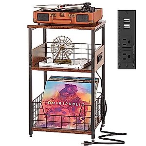 X-cosrack Record Player Stand with Vinyl Record Storage, 3 Tier Side Table with Charging Station & USB Ports, Retro End Table for Living Room Bedroom, Sturdy Wood and Metal Frame, Brown & Black