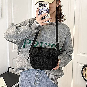 Women Plush Shoulder Bag Crossbody Handbag Lamb Wool Messenger Bag Fluffy Tote Bag (Black, One Size)