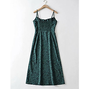 Omoone Womens Floral Dress Low-Cut Square Neck Spaghetti Strap Tie Bodycorn 90s Y2k Sun Dresses (01Green, Medium)