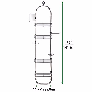 mDesign Metal Bathroom Shower Caddy Station for Shampoo, Conditioner, Hand Soap - Accessory Hook and Towel Bar - 4 Shelf Format, Brushed Stainless Steel