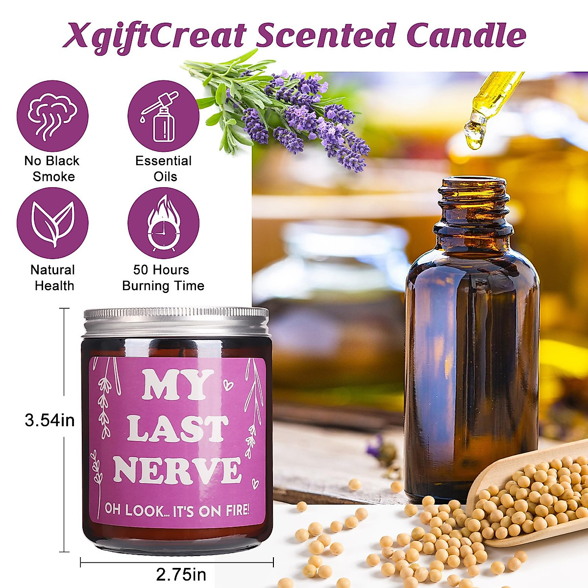 Funny Birthday Valentine Gifts for Women - My Last Nerve Candle Gag Gift for Mom, Jar Candle Christmas Birthday Mothers Day Fun Gifts for Wife, Sister, Teacher, Boss Lady, 7 Oz Lavender Candle