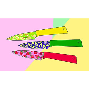 KUHN RIKON Colori+ Non-Stick Straight Paring Knife with Safety Sheath, 4 inch/10.16 cm Blade, Funky Fruit Strawberry