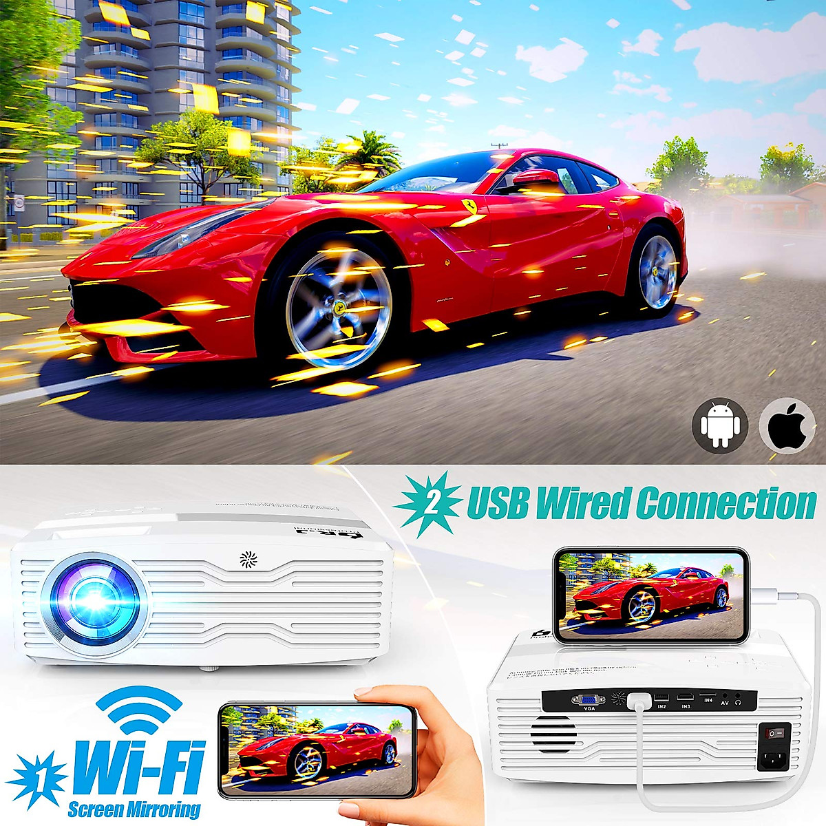 DR.J Professional Native 1080P 5G WiFi Projector, 9500 Lumens 300” Display Outdoor Projector, 350 ANSI, 4K Supported, Home Projector for iOS/Android/TV Stick