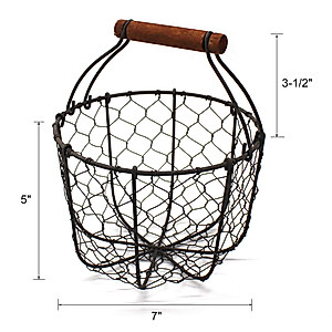 CVHOMEDECO. Round Chicken Wire Egg Basket Fruit Basket with Wooden Handle Primitives Vintage Gathering Basket. Rusty
