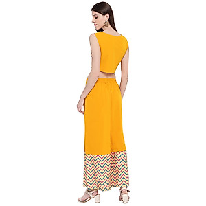 Janasya Indian Women's Yellow Poly Crepe Crop Top with Palazzo and Jacket