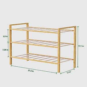 CoMokin Bamboo 3 Tier Shoe Rack Stackable Shoe Shelf Storage Organizer with Side Pockets for Unit Entryway Hallway and Closet Sturdy Free Standing Shoe Rack