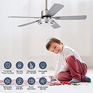Chriari 52 Inch Ceiling Fans with Lights Remote Control, Wood Low Profile Ceiling Fan with 5 Silver Blades Quiet Reversible DC Motor, Modern Ceiling Fan with 6 Speeds, Dimmable LED Light, Smart Timing
