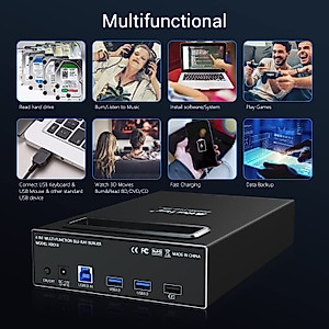 mthstec 4 in 1 External Blu-ray Drive, 16x USB 3.0 and Type-C External Bluray Drive, Multi-Function Fast-Charging Desktop BD/CD/DVD Burner/Read with HDD Enclosure USB HUB for Both Mac/PC