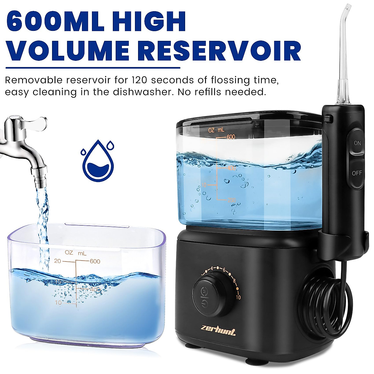 Dental Water Flosser Teeth Cleaner - Zerhunt High Frequency Pulsed Water Flosser Electric Oral Irrigator with 5 Interchangeable Nozzles for Braces, Implants, Bridges, 600ML Large Capacity Black