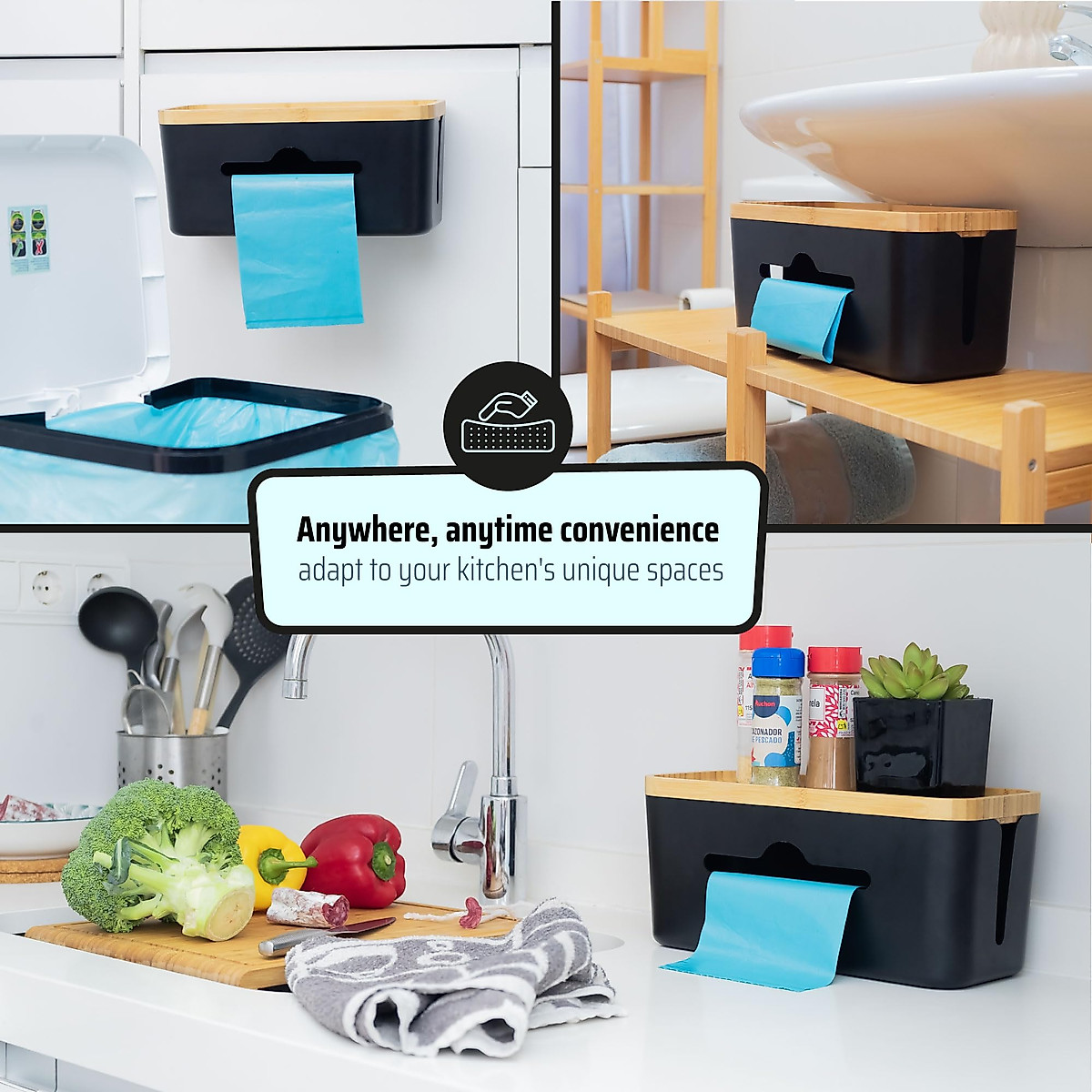 BAGSWAY Trash Bag Holder with Wooden Lid - Wall-Mounted Bag Dispenser with Metal Hook & Sticker to Hang - Versatile Organization for Countertop - Trash Bag Dispenser for Clean and Tidy Spaces