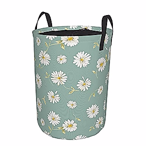 Laundry Hamper Basket Green White Daisy Flower Clothes Sorter Bin Lid Household Organizer Toy Garment Sturdy With Handle Collapsible For Home Laundromat Dorm Bathroom