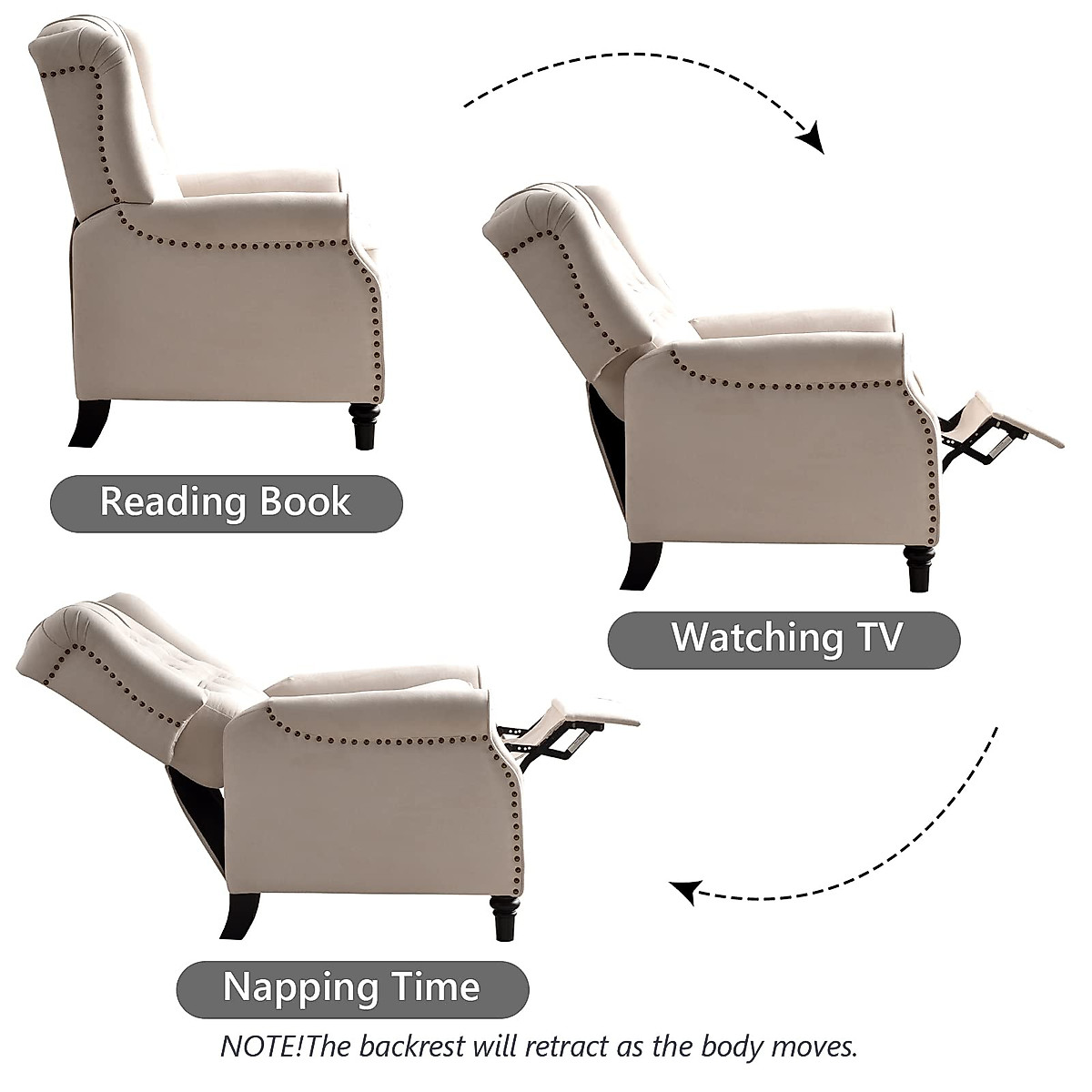 CANMOV Push Back Recliner Chair, Elizabeth Fabric Recliner Armchair with Wing Back, Padded Seat and Nailhead Trim, Tufted, Single Sofa Accent Chair, White