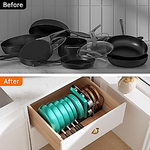 MUDEELA Expandable Pots and Pans Organizer Rack under Cabinet, Pots Lid Organizer Rack for Kitchen Cabinet Organizers and Storage with 12 Adjustable Dividers and Anti-scratch Strip