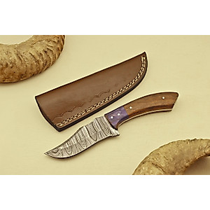 Custom Handmade Full Tang Damascus Steel Hunting Camping Skinner Knife - Wood Handle | Sheath | EDC