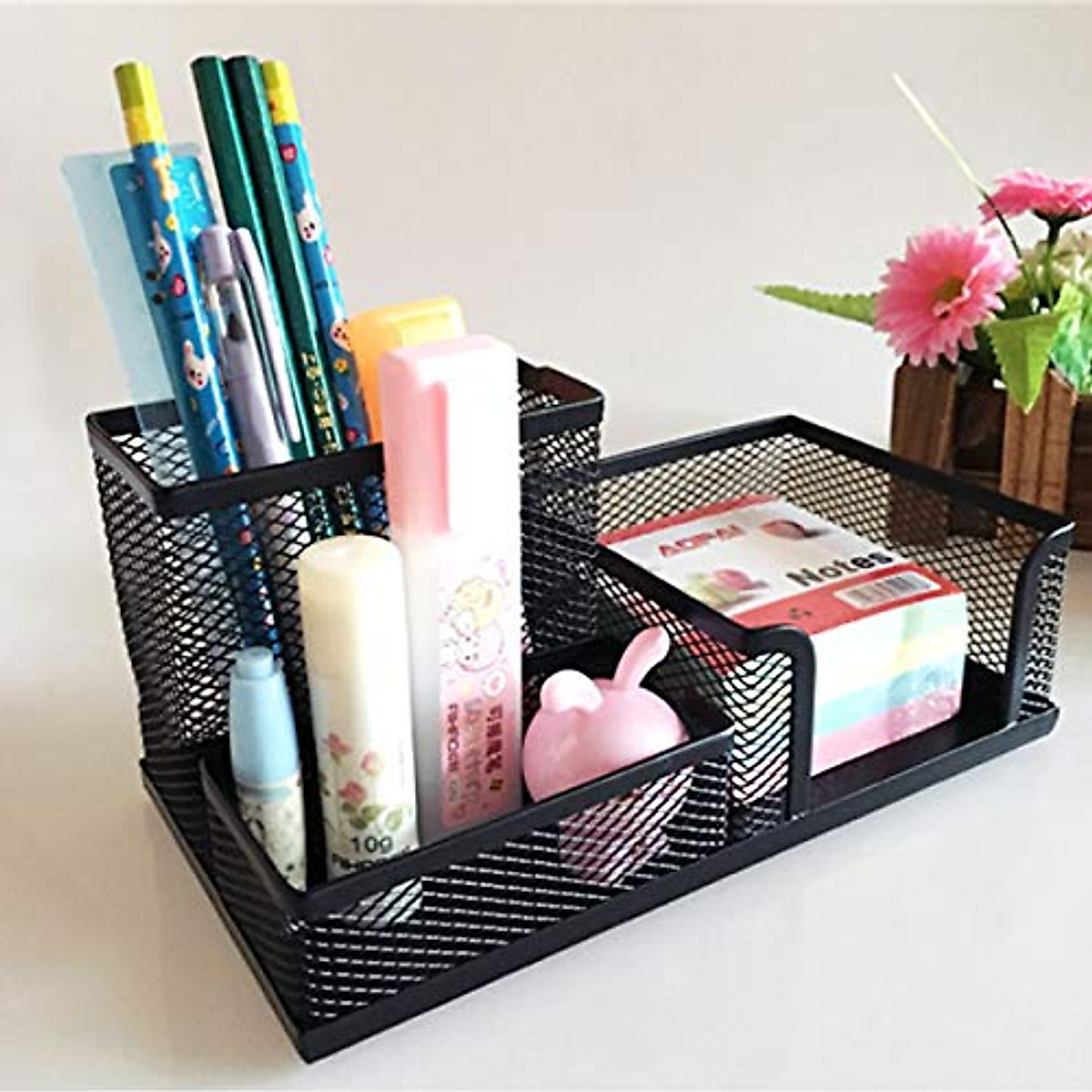 2 Pack Black Pen Holder Mesh Desk Organizer Office Supplies Caddy with Pencil Holder and Storage Baskets for Desk Accessories, 3 Compartments