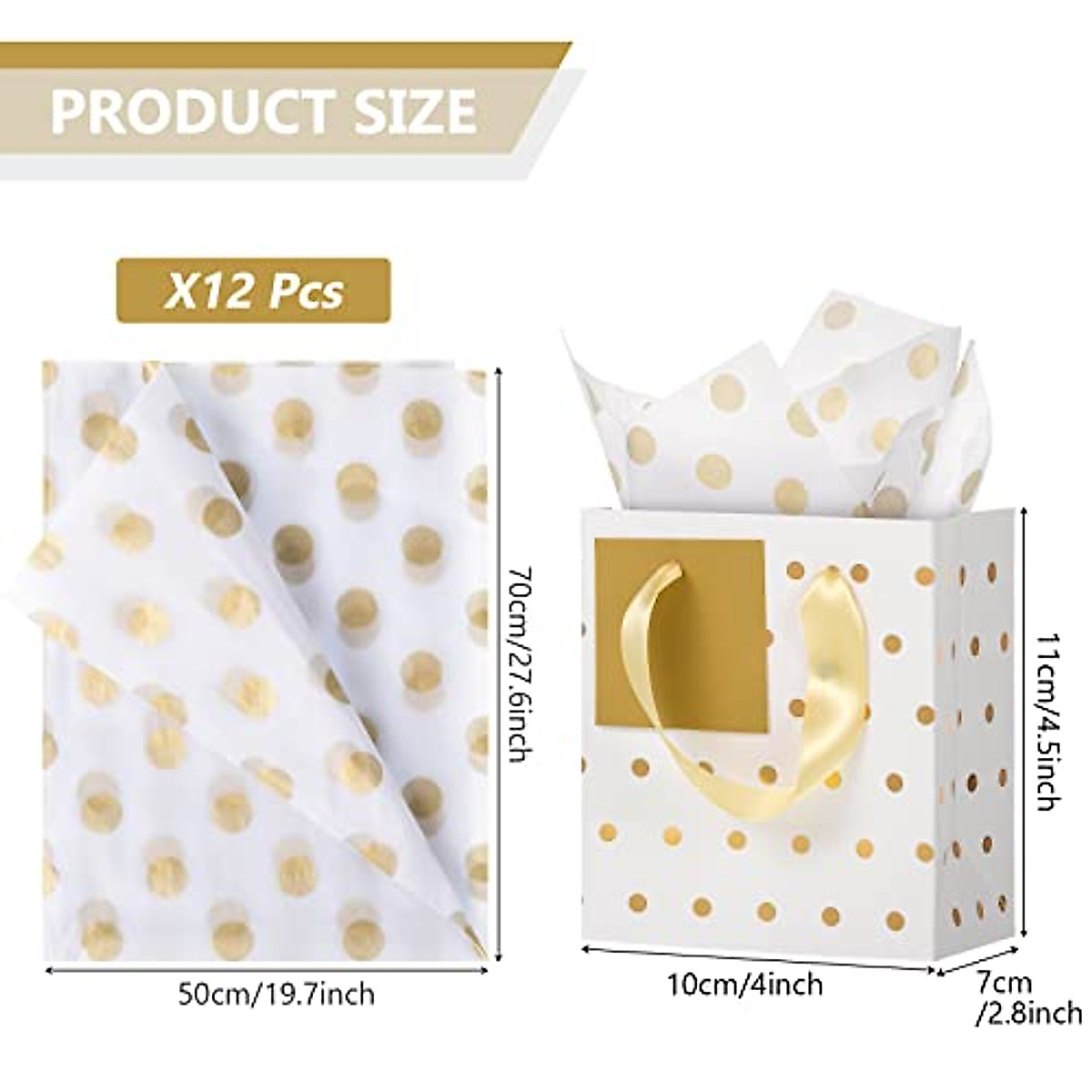 12 Pcs Small Gift Bags Mini Metallic Paper Bags with Handle Tag and Tissue, Wrap Bag for Birthday Wedding Christmas Holiday Baby Shower, 4 x 2.8 x 4.5 Inch (White Gold)