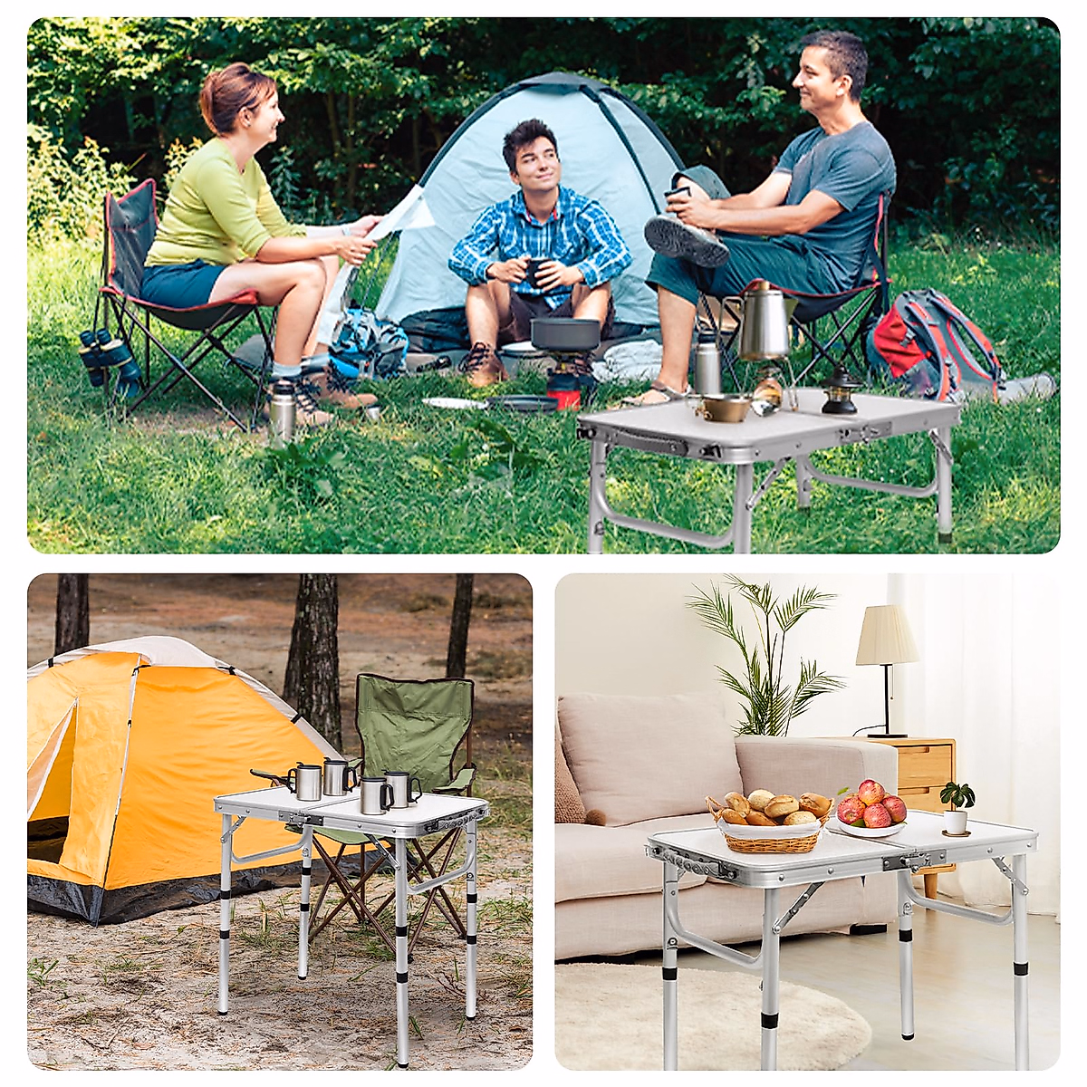 Folding Camping Table Small 3 Adjustable Height Portable Lightweight Table Aluminum for Outdoor Picnic Beach BBQ Cooking Home Use