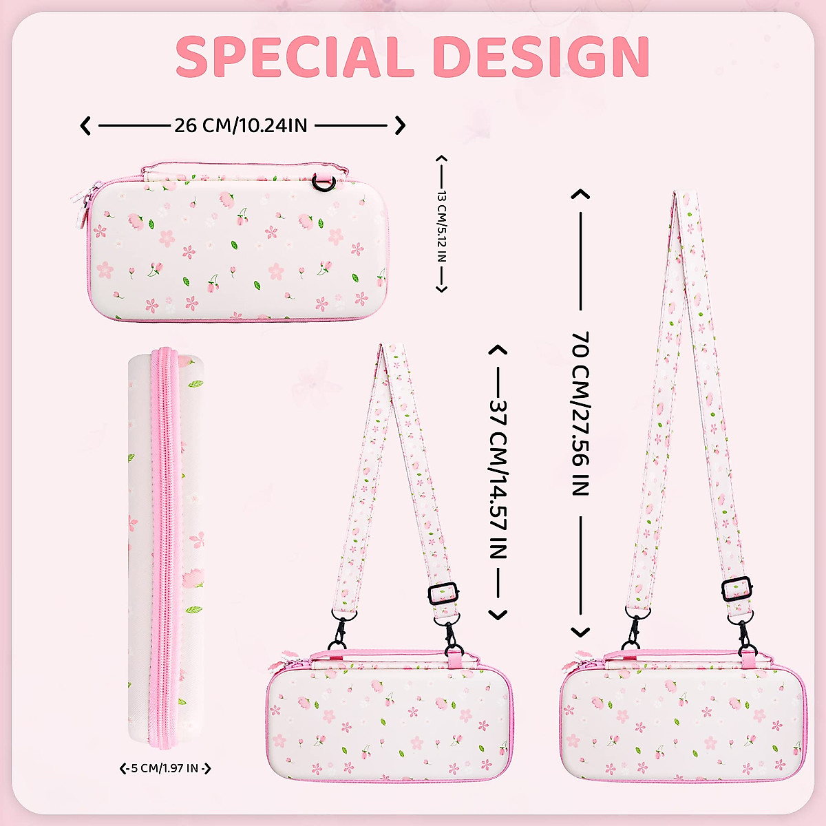 FANPL Cute Carrying Case Bundle for Nintendo Switch Case, Pink Switch Case Accessories Kit with Flower Hard Travel Case, Glitter Sakura PC Cover, Adjustable Strap, Screen Protector, Thumb Grip Caps