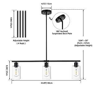 KMaiPem Kitchen Island Lighting, 3 Lights Black Linear Chandelier with Glass Shade, Industrial Kitchen Pendant Lighting over Island, Modern Chandelier for Dining Living Room Bar Pool Table Light