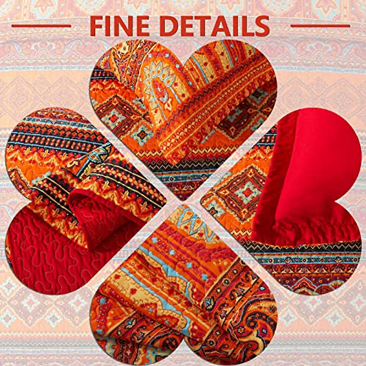 VAPUTAR Cotton Quilt Queen Size Bedding Set - 3 Pieces Queen Quilt Bedding Set, Boho Queen Size Quilts, Lightweight Reversible Coverlets Bedspreads for Farmhouse Bedroom (Red/Orange)