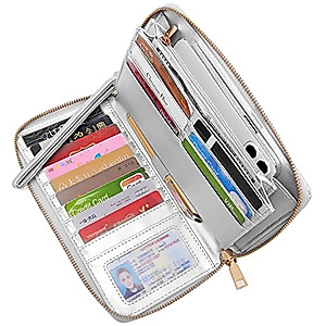 YZAOLL Women's Wallet RFID Blocking PU Leather Large Capacity Zip Around Credit Card Holder Cell Phone Checkbook Storage Bag Zipper Coin Purse,lightsilver