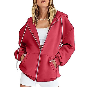 prime deals of the day today only clearance crewneck sweatshirts Womens Zip Up y2k Hoodies Fall Fashion Oversized Long Sleeve Hooded Sweatshirt Casual Lightweight Jacket With Pockets Red M