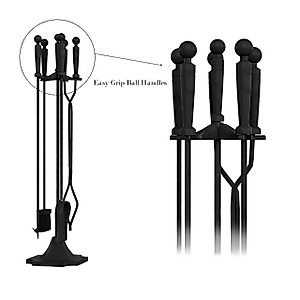 Lavish Home 5-Piece Fireplace Tools Set - Essential Heavy-Duty Accessories for Fireplaces - Includes Tongs, Shovel, Broom, Poker, and Stand
