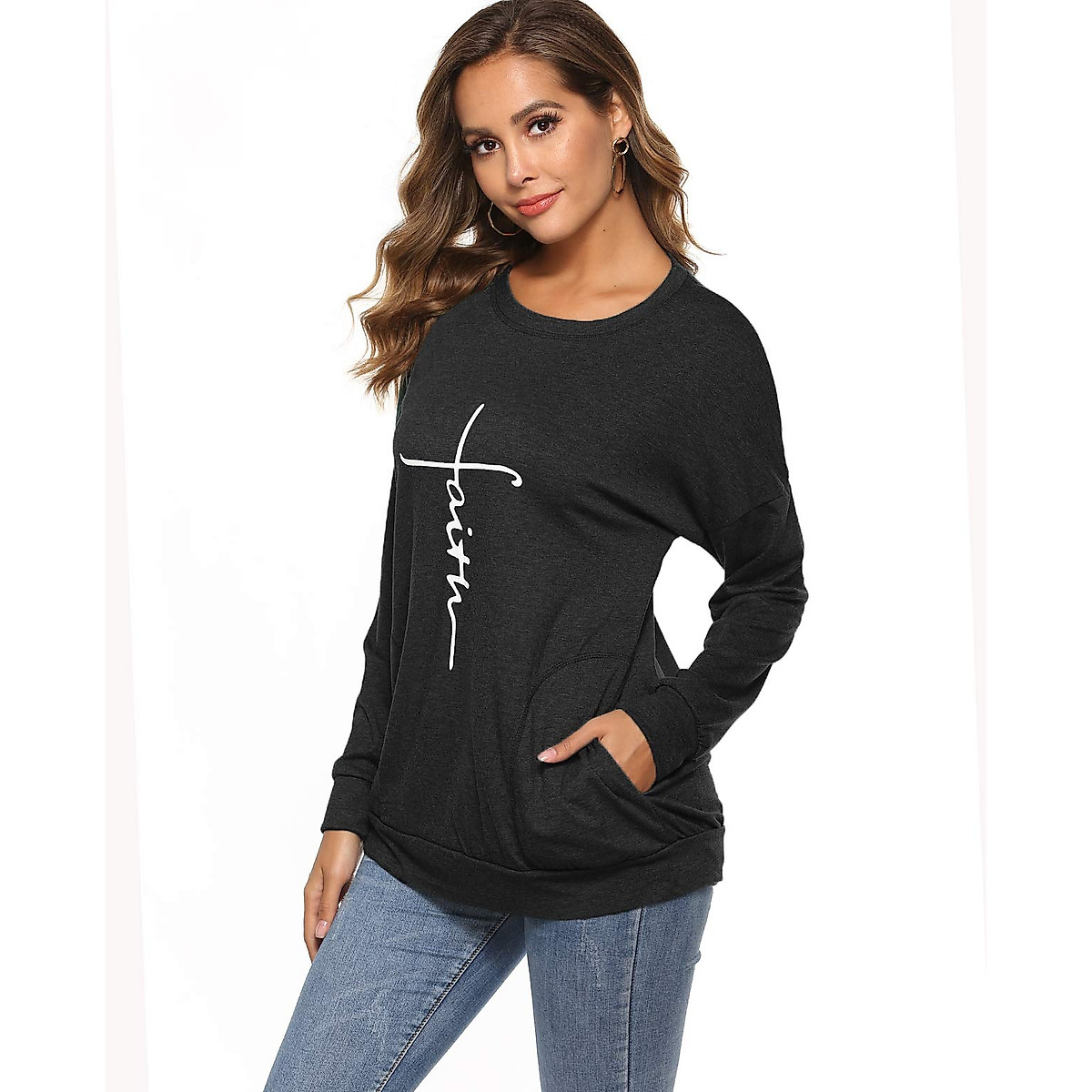 ZILIN Womens Tops Fall Long Sleeve Shirts Loose Fit Tunic Tops Sweatshirt with Pockets Grey XXL