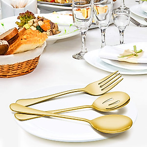 LIANYU 3 Large Gold Serving Spoons, 3 Gold Slotted Serving Spoons, 3 Gold Serving Forks, 3 Gold Serving Tongs, 9.8 Inch Stainless Steel Buffet Catering Serving Spoons Forks Set, Dishwasher Safe