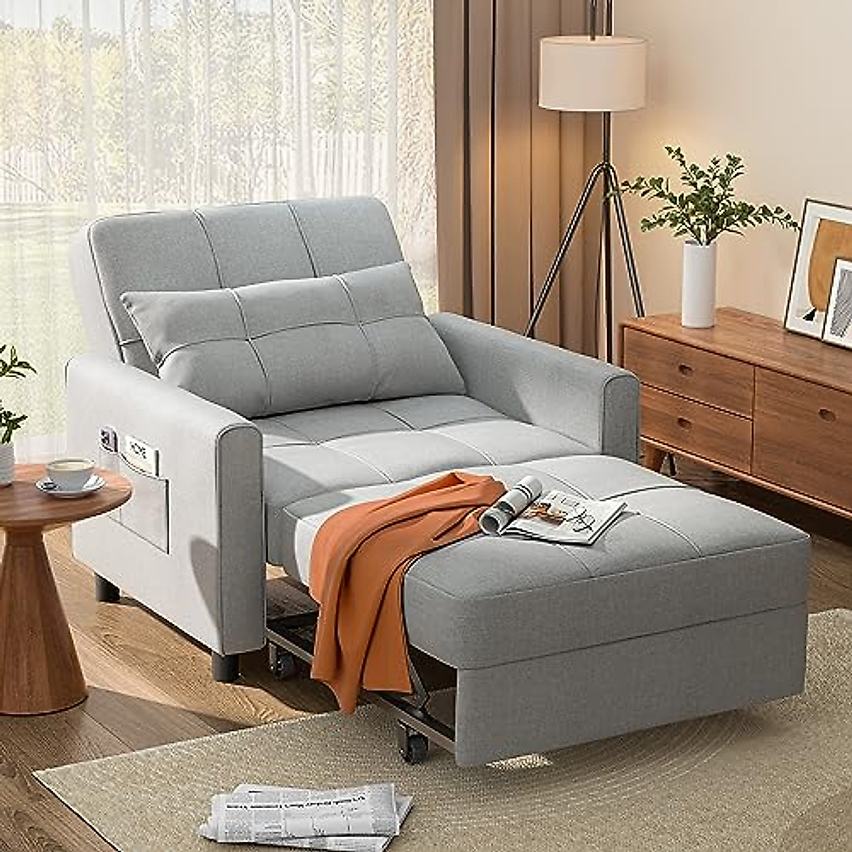 Noelse 3-in-1 Convertible Sofa Bed, Sleeper Chair Bed Pull Out Chair Bed, Sofa Bed with Adjustable Backrest, Single Sleeper Sofa Comfy Chair for Living Room Apartment (Light Gray)
