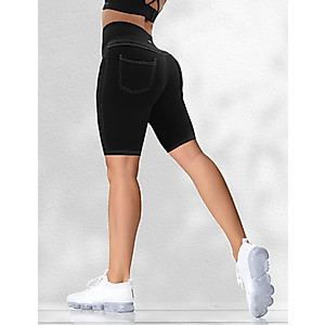 VOOVEEYA 5"/8" High Waisted Yoga Biker Shorts with Pockets for Women - Butt Lifting Workout Spandex Booty Gym Shorts(Black-L)