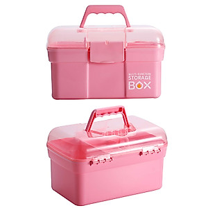 Kinsorcai 11'' Plastic Storage Box with Removable Tray, Multipurpose Organizer and Storage Case for Art Craft and Cosmetic (Pink)