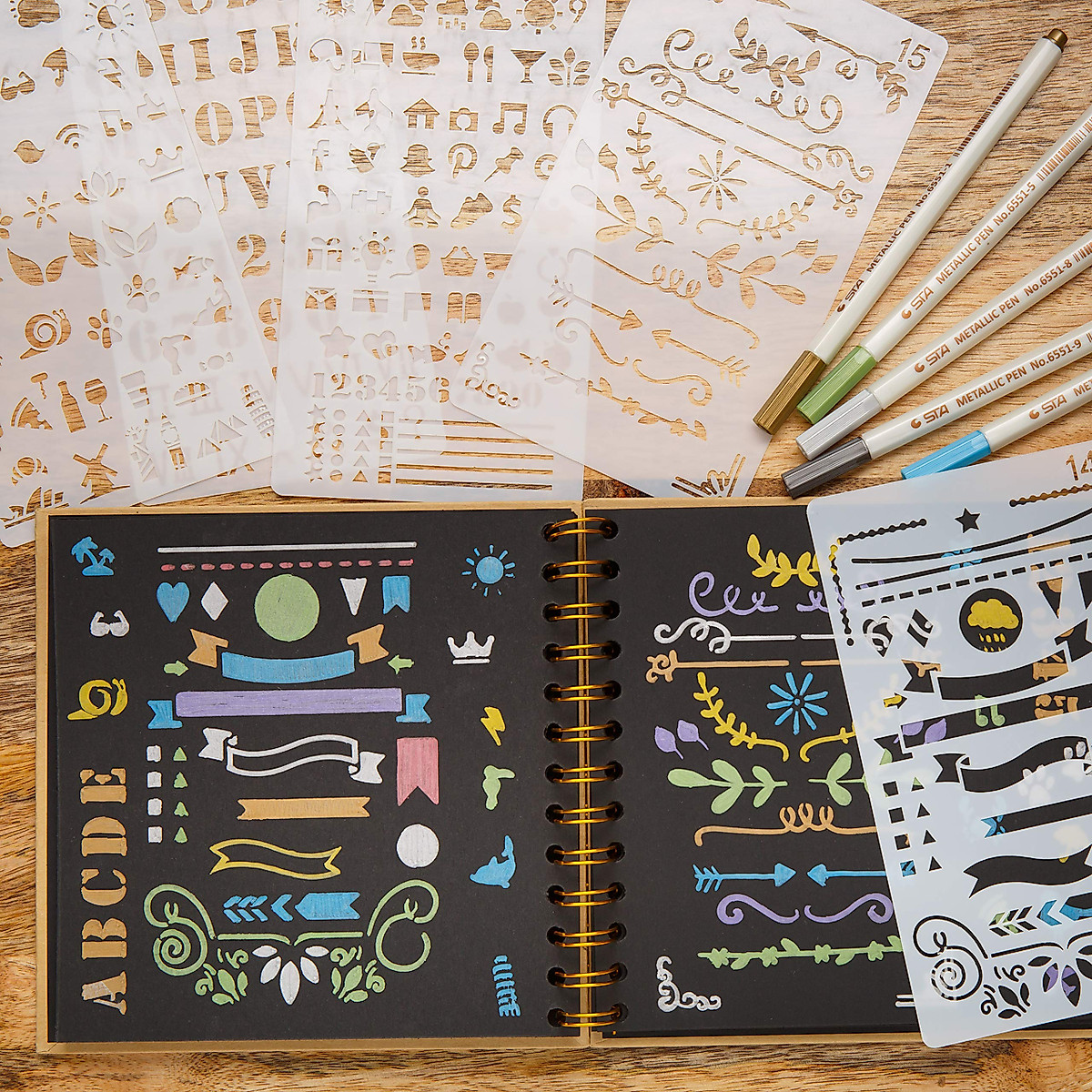 Vexko Scrapbook Bullet Journal Kit: 1 Scrapbook: [7X7 Inches] 20 Sheets, Hardcovers, Black Pages + Scrapbook Supplies: 5 Stencils, 10 Metallic Markers, 3 Sheets of Photo Corners | DIY Photo Album