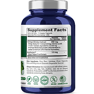 NusaPure Ginkgo Biloba Extract 12,500mg per Veggie Caps 200 Capsules (Vegetarian, Non-GMO, Vegan, Extract 50:1) Bioperine