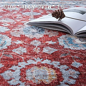 Rugcomf Area Rug 5x7 Washable Rug Boho Rug Soft Non-Slip Non-Shedding Faux Wool Vintage Rug for Living Room, Bedroom Rug, Farmhouse, Dining Room, Indoor, Kids Playroom (Red)