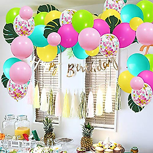 Tropical Balloons Garland Kit,117 pcs Hawaii Luau Party Balloons, Hot Pink Green Blue and Confetti Balloons for Tropical Theme Birthday Party Baby Shower Jungle Hawaii Luau Party Decorations.