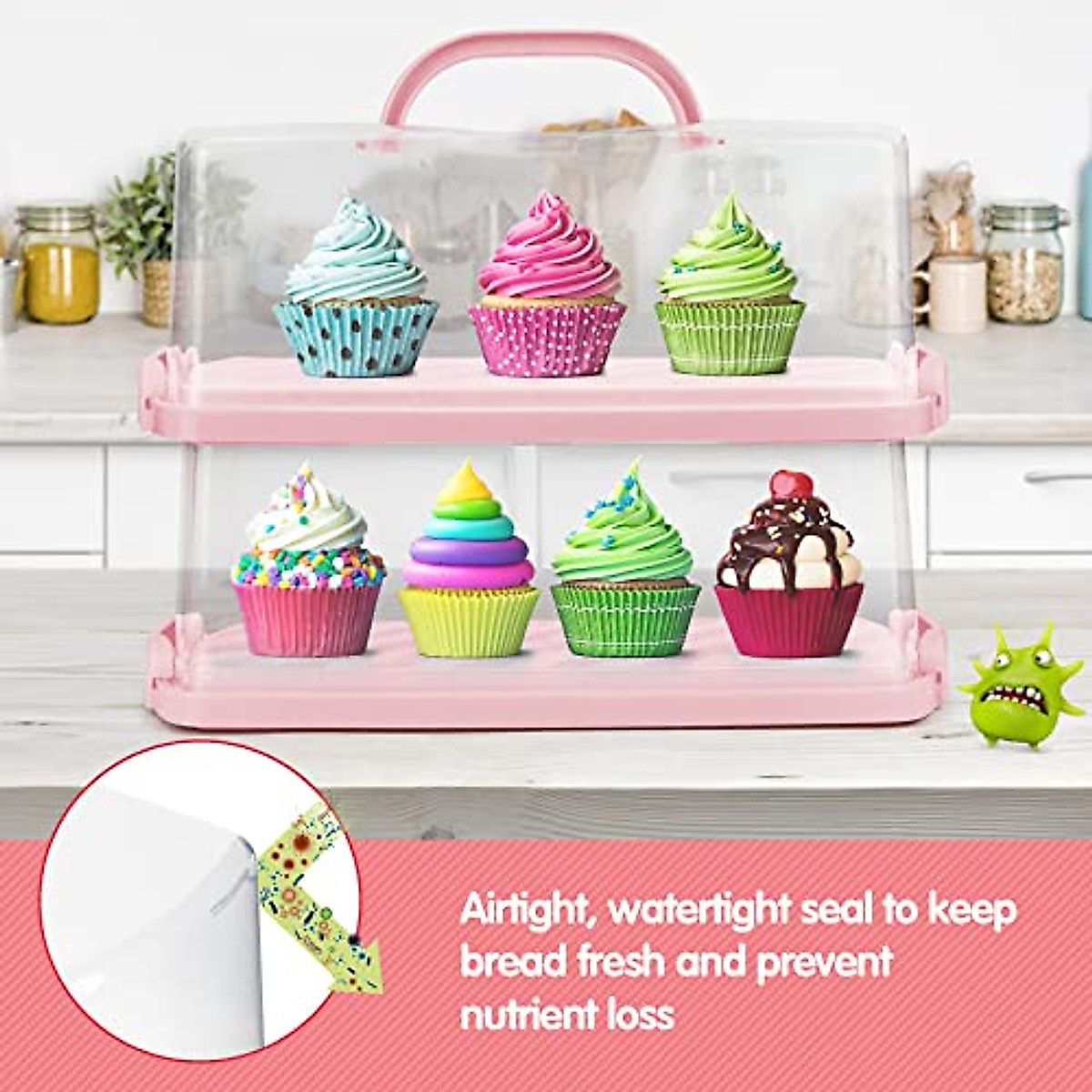 HOYA PONYOO 2-Pack Plastic Rectangular Bread Box with Clear Lid, Loaf Cake Keeper, Portable Bread Keeper Storage Container with Handle (Pink)