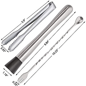 3 Pieces Stainless Steel Muddler for Cocktails,Mixing Spoon and Ice Tongs,Professional Bar Tools Bartender Set for Cocktails Mojitos Ice Fruit Drinks