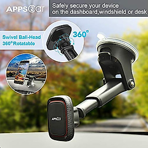 APPS2Car Magnetic Phone Car Mount, Universal Dashboard Windshield Industrial-Strength Suction Cup Car Phone Mount Holder with Adjustable Telescopic Arm,6 Strong Magnets,for All Cell Phones
