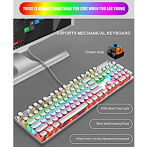 YSCP Typewriter Style Mechanical Gaming Keyboard LED Backlit Wired with Blue Switch Retro Round Keycap 104 Keys Keyboard (White 104 Keys LED)