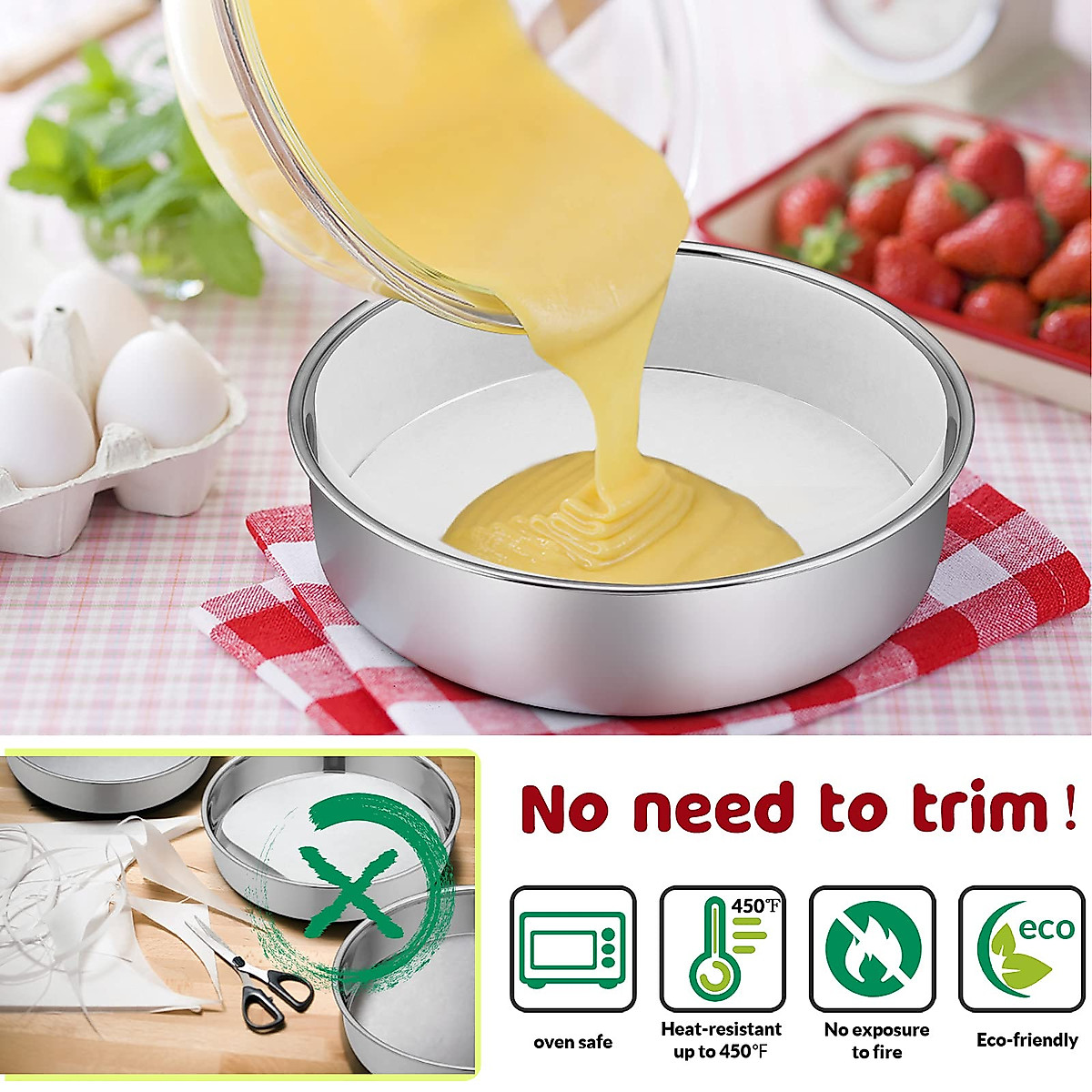 E-far 8 Inch Cake Pan Set of 2, Stainless Steel Round Layer Cake Baking Pans with Parchment Rounds & Side Liner Roll, Non-Toxic & Healthy Metal Cakes Tin, Straight Side & Dishwasher Safe